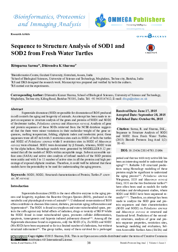 (PDF) Sequence to Structure Analysis of SOD1 and SOD2 from Fresh Water Turtles
