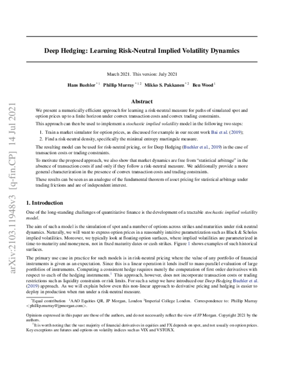(PDF) Deep Hedging: Learning Risk-Neutral Implied Volatility Dynamics