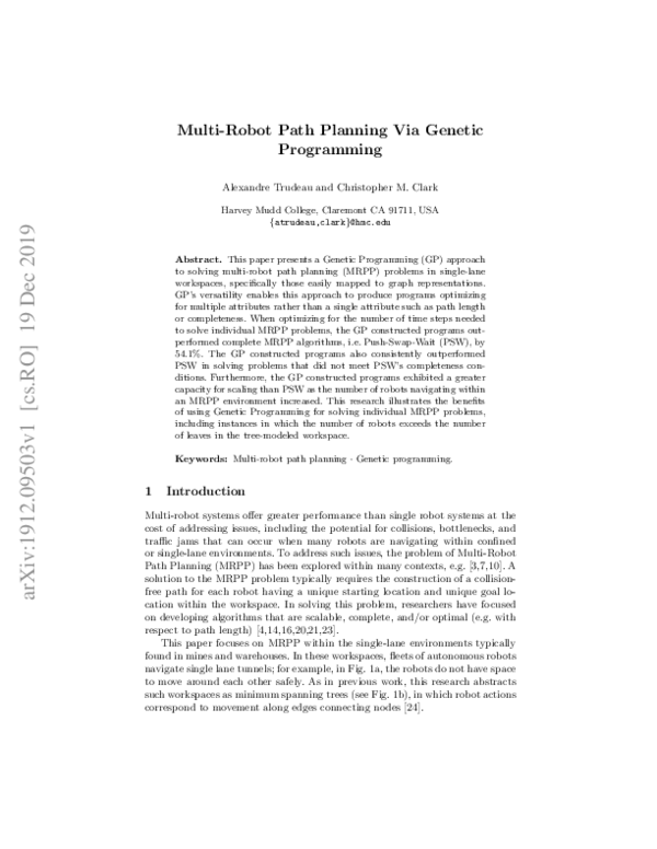 (PDF) Multi-Robot Path Planning Via Genetic Programming | Alexandre Trudeau - Academia.edu