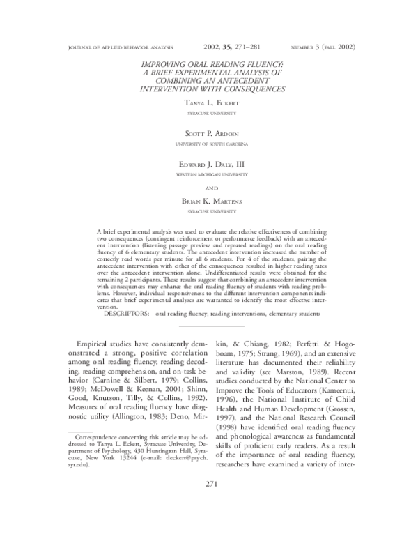(PDF) Improving Oral Reading Fluency: A Brief Experimental Analysis of ...