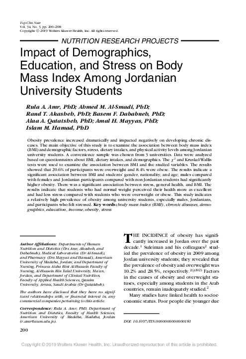 (PDF) Impact of Demographics, Education, and Stress on Body Mass Index Among Jordanian ...