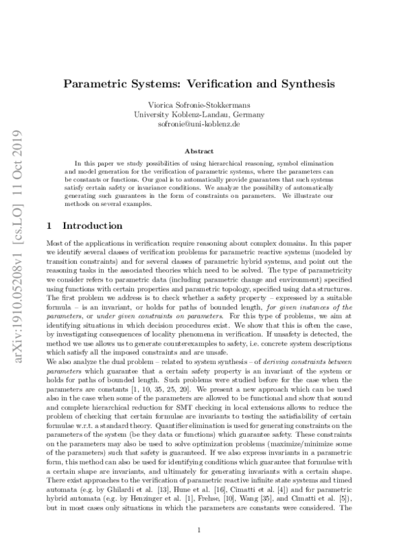 (PDF) Parametric Systems: Verification and Synthesis