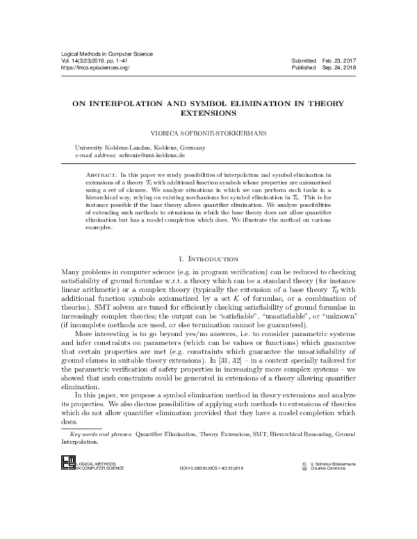 (PDF) On Interpolation and Symbol Elimination in Theory Extensions