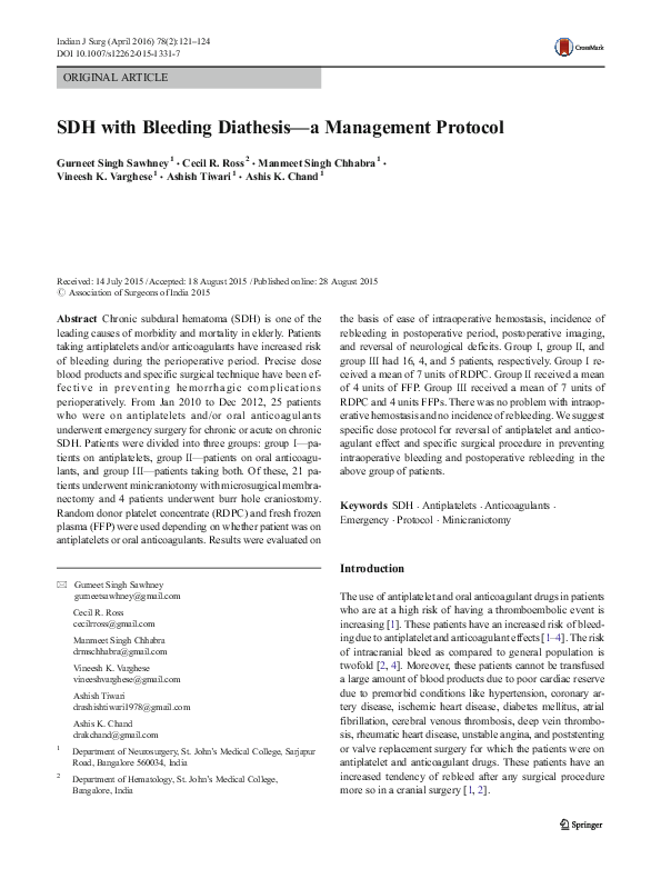 (PDF) SDH with Bleeding Diathesis—a Management Protocol | MANMEET ...