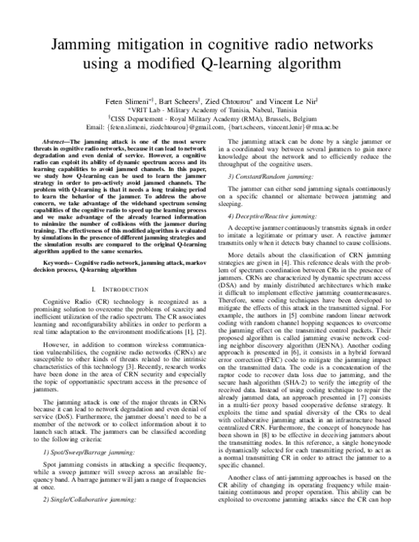(PDF) Jamming mitigation in cognitive radio networks using a modified Q-learning algorithm