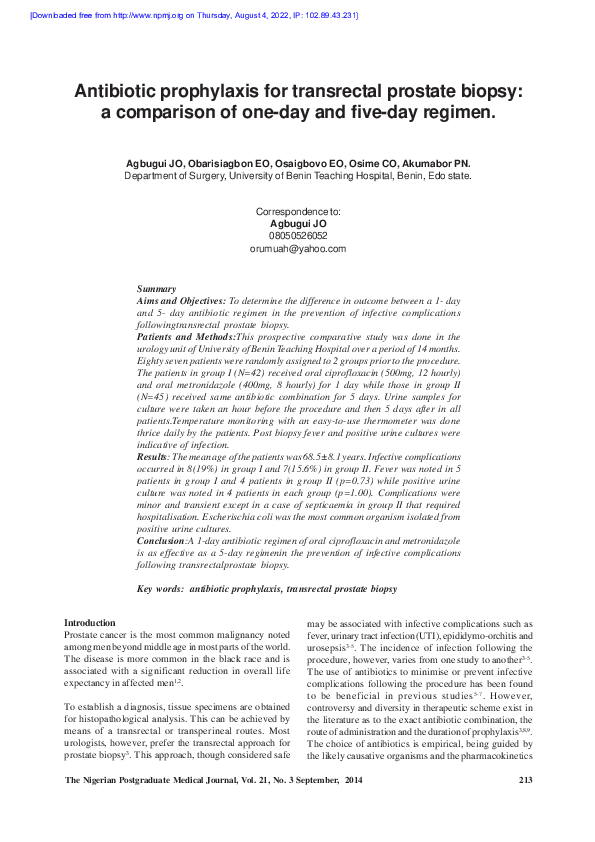 (PDF) Antibiotic prophylaxis for transrectal prostate biopsy: a ...