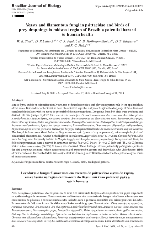 (PDF) Yeasts and filamentous fungi in psittacidae and birds of prey ...