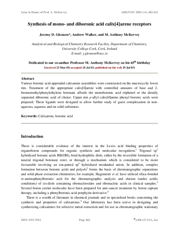 (PDF) Synthesis of mono- and diboronic acid calix[4]arene receptors