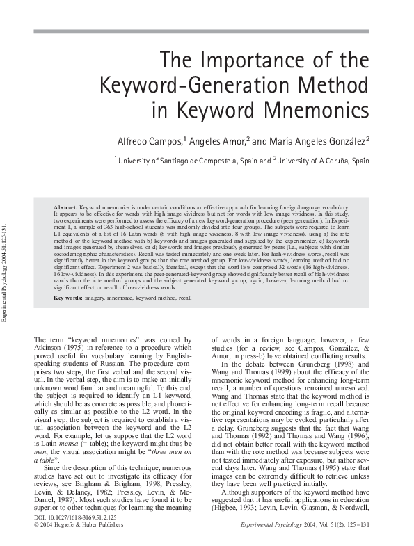 (PDF) The Importance of the Keyword-Generation Method in Keyword Mnemonics