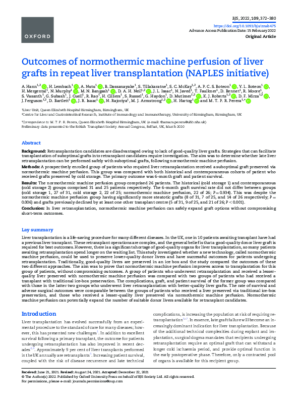 (PDF) Outcomes of normothermic machine perfusion of liver grafts in ...