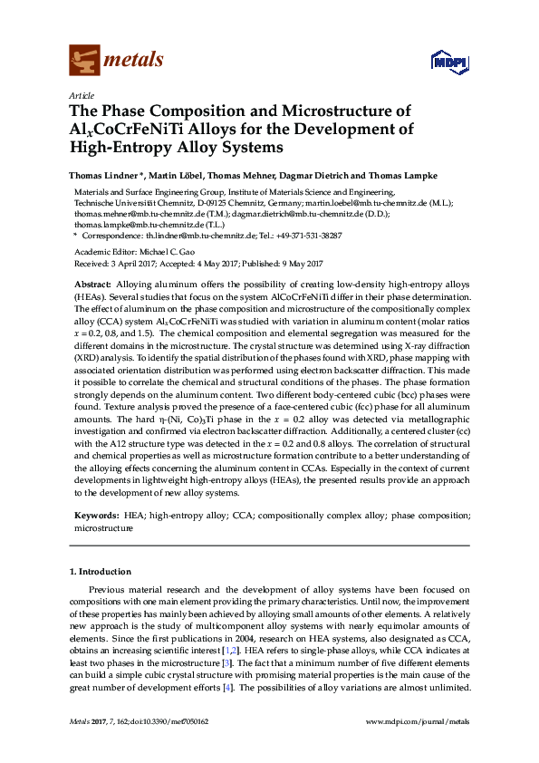 (PDF) The Phase Composition and Microstructure of AlxCoCrFeNiTi Alloys for the Development of ...