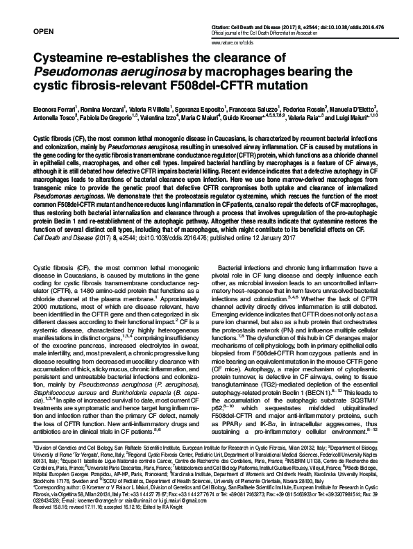 (PDF) Cysteamine re-establishes the clearance of Pseudomonas aeruginosa ...
