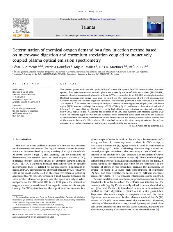 Pdf Determination Of Chemical Oxygen Demand By A Flow Injection Method Based On Microwave