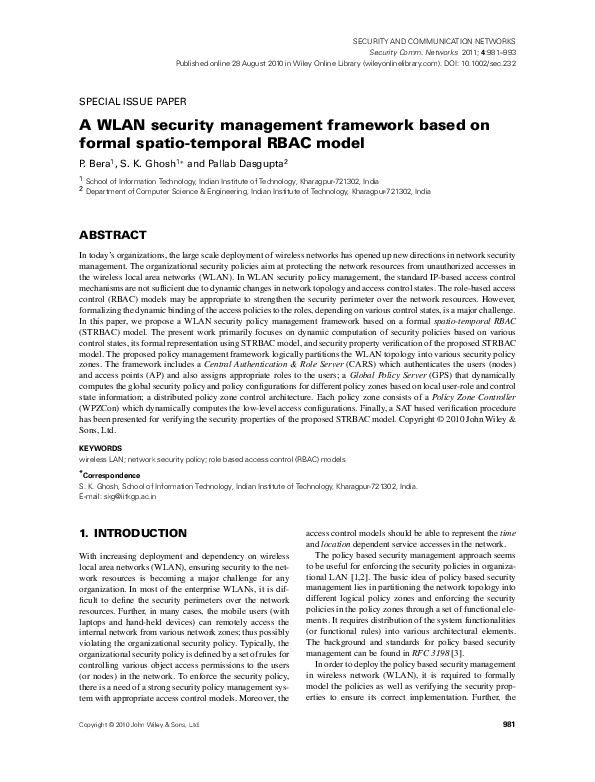 (PDF) A WLAN security management framework based on formal spatio‐temporal RBAC model