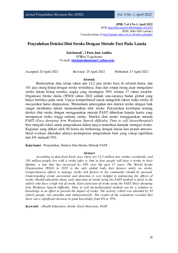 (PDF) Penyuluhan deteksi dini stroke dengan metode FAST pada lansia