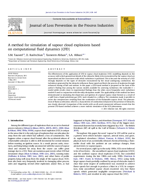 Pdf A Method For Simulation Of Vapour Cloud Explosions Based On Computational Fluid Dynamics Cfd