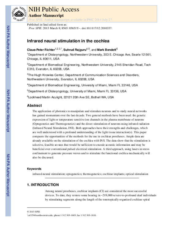 (PDF) Infrared neural stimulation in the cochlea
