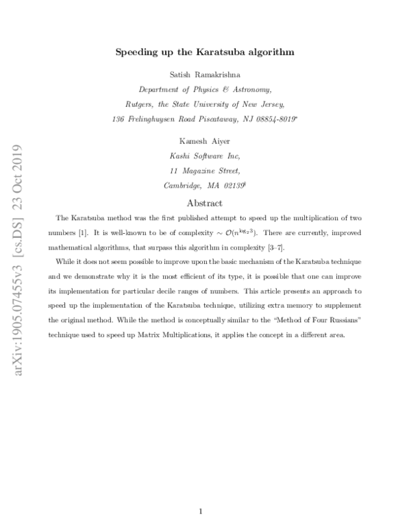 (PDF) Speeding up the Karatsuba Algorithm (PDF) Speeding up the Karatsuba Algorithm
