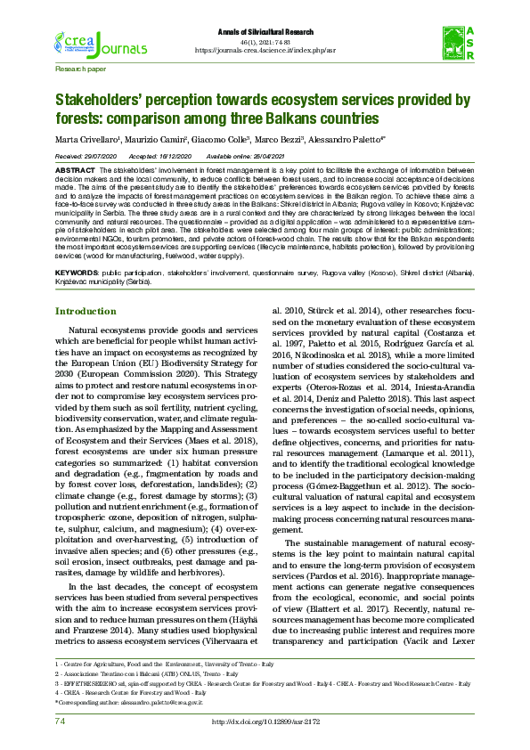 (PDF) Stakeholders’ perception towards ecosystem services provided by ...