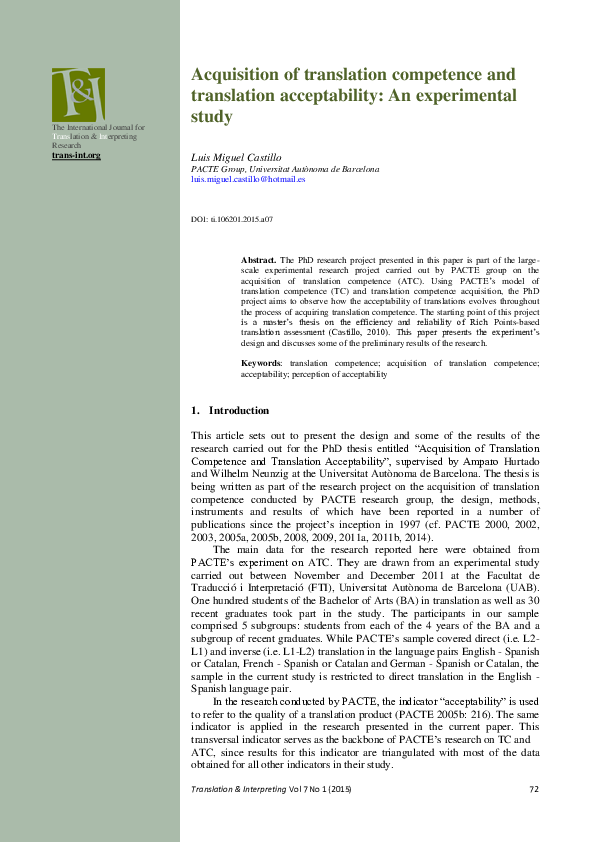 (PDF) Acquisition of translation competence and translation ...