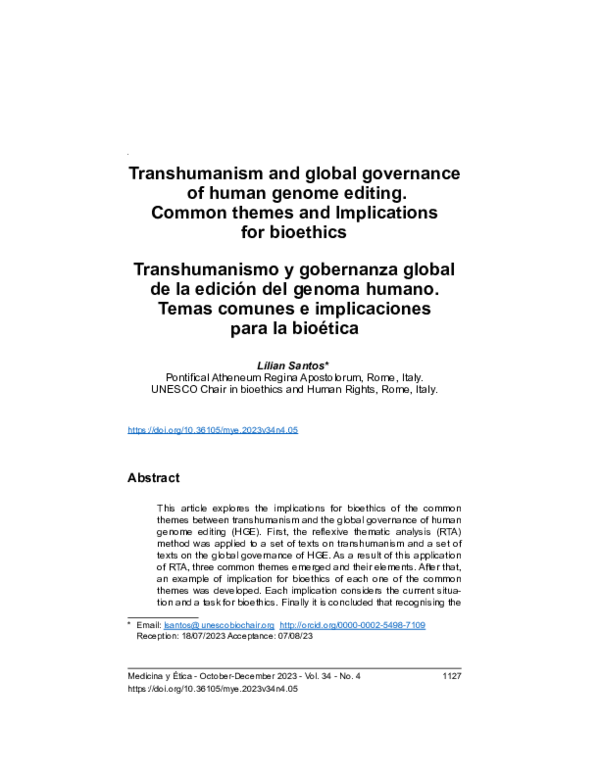 (PDF) Transhumanism and Global Governance of Human Genome Editing ...