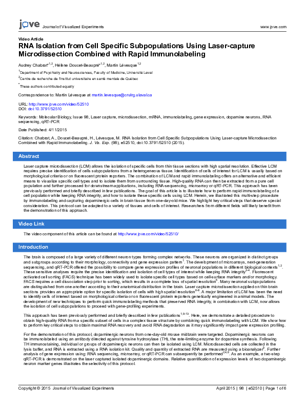 Pdf Rna Isolation From Cell Specific Subpopulations Using Laser Capture Microdissection