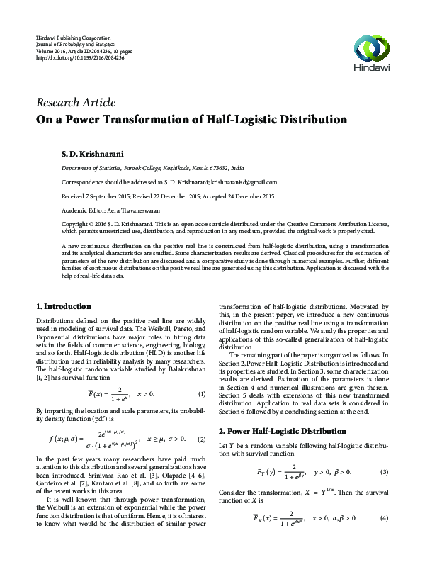 (PDF) On a Power Transformation of Half-Logistic Distribution