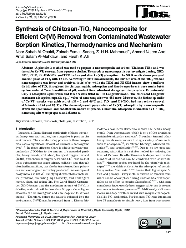 (PDF) Synthesis of Chitosan-TiO2 Nanocomposite for Efficient Cr(VI) Removal from Contaminated ...