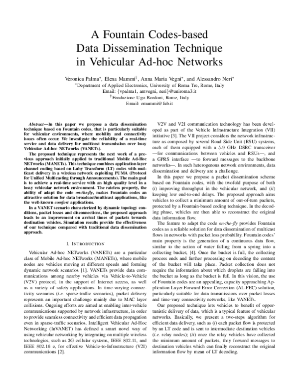 (PDF) A fountain codes-based data dissemination technique in vehicular Ad-hoc networks