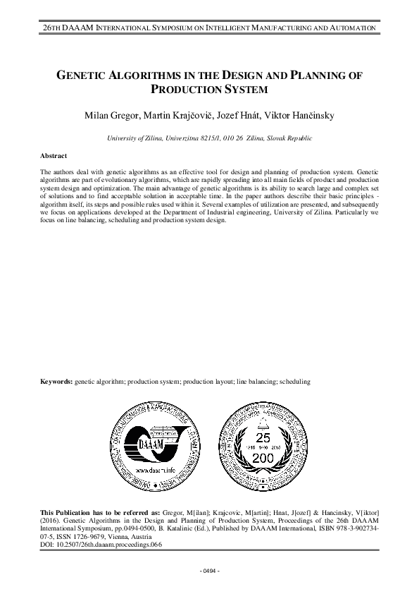 (PDF) Genetic Algorithms in the Design and Planning of Production System | Milan Gregor ...