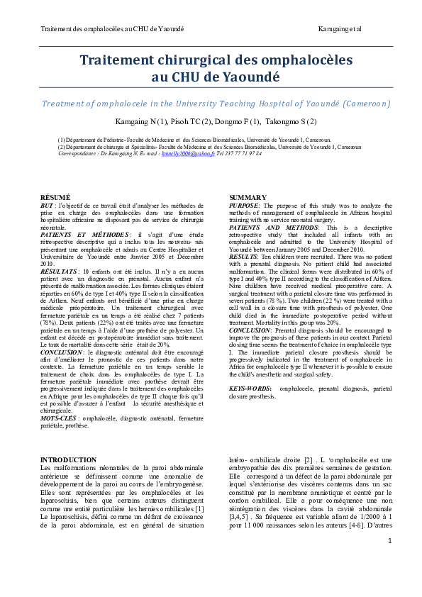 (PDF) Traitement chirurgical des omphalocèles au CHU de Yaoundé