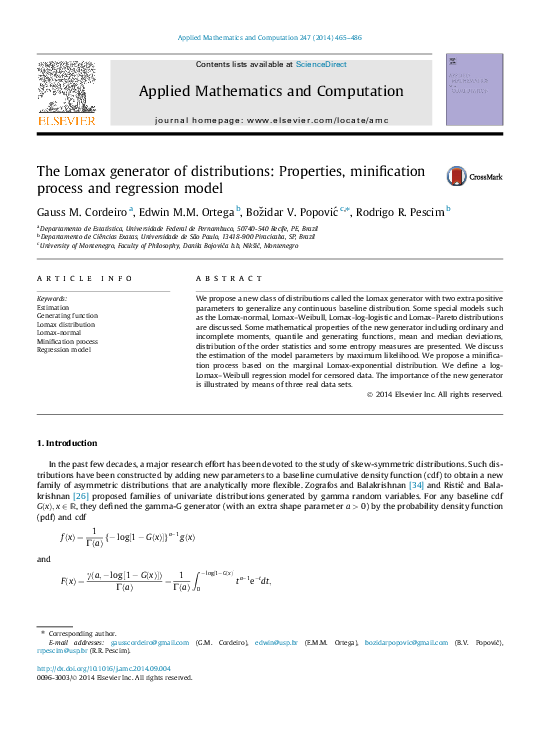 (PDF) The Lomax generator of distributions: Properties, minification process and regression model