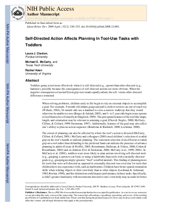 (PDF) Self-directed action affects planning in tool-use tasks with toddlers