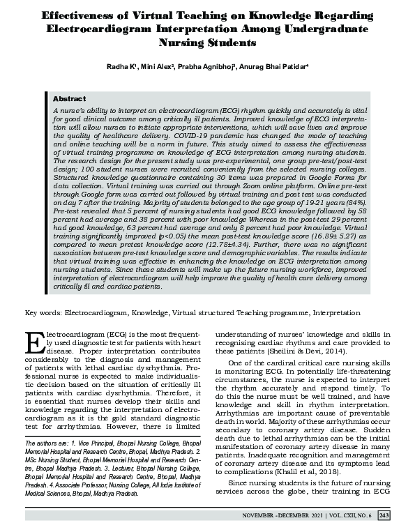(PDF) Effectiveness of Virtual Teaching on Knowledge Regarding Electrocardiogram Interpretation ...