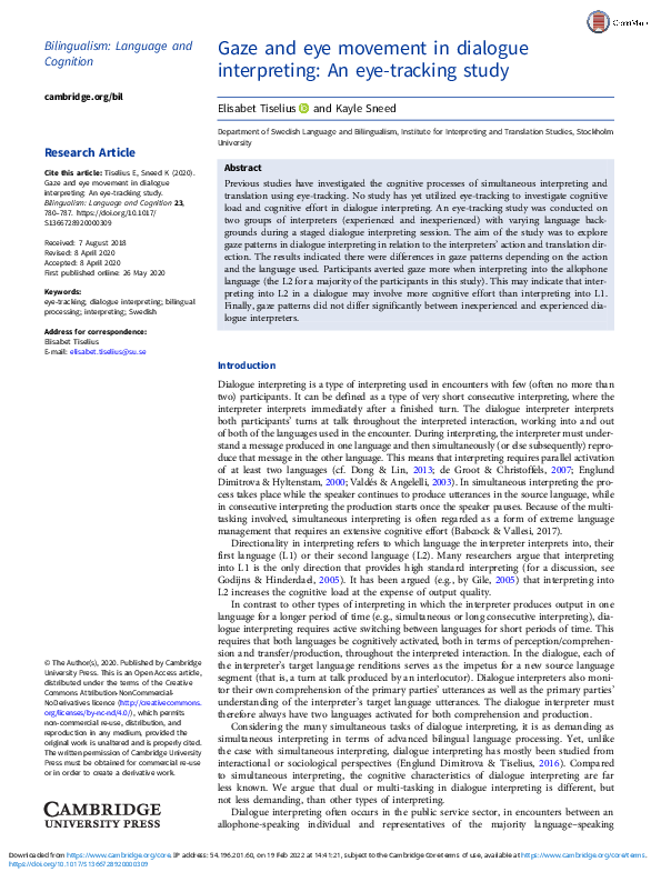 (PDF) Gaze and eye movement in dialogue interpreting: An eye-tracking study