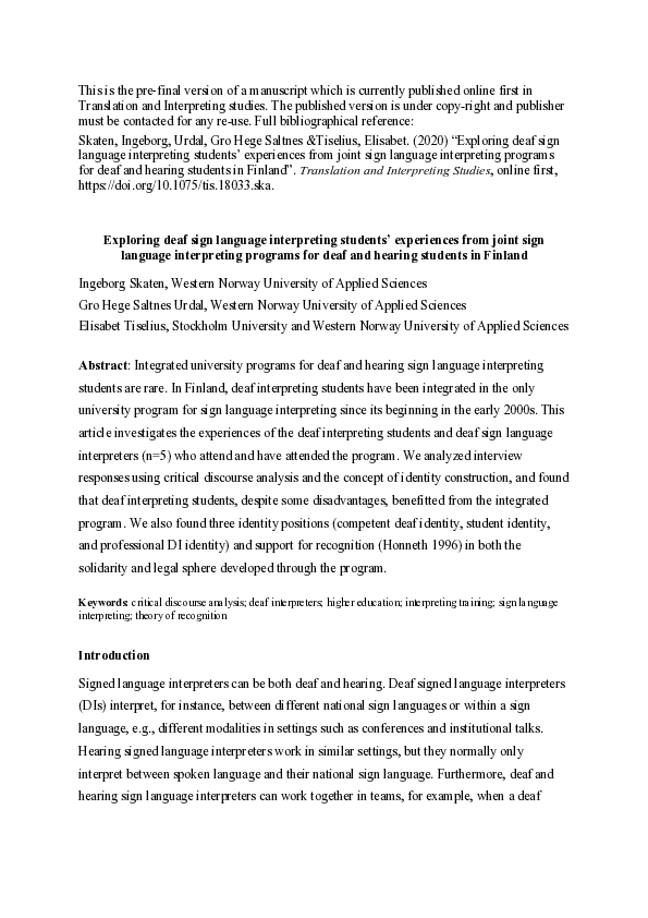 (PDF) Exploring deaf sign language interpreting students’ experiences from joint sign language ...