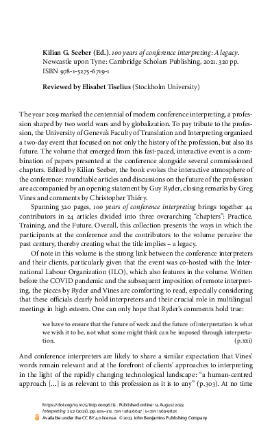 (PDF) Review of Seeber (2021): 100 years of conference interpreting: A ...
