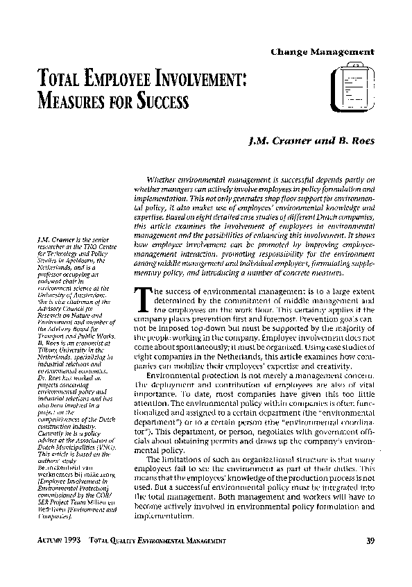 (PDF) Total employee involvement: Measures for success