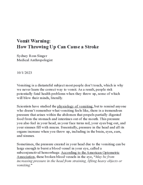 (PDF) Vomit Warning: How Throwing Up Can Cause a Stroke | Sydney Ross ...