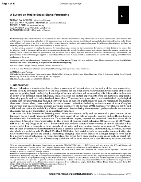 (PDF) A Survey on Mobile Social Signal Processing