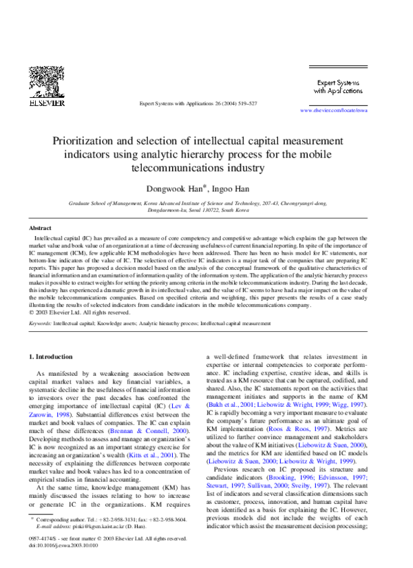 (PDF) Prioritization and selection of intellectual capital measurement indicators using analytic ...