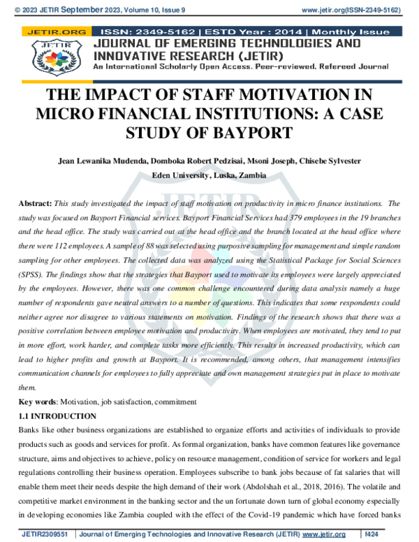 (PDF) THE IMPACT OF STAFF MOTIVATION IN MICRO FINANCIAL INSTITUTIONS: A ...