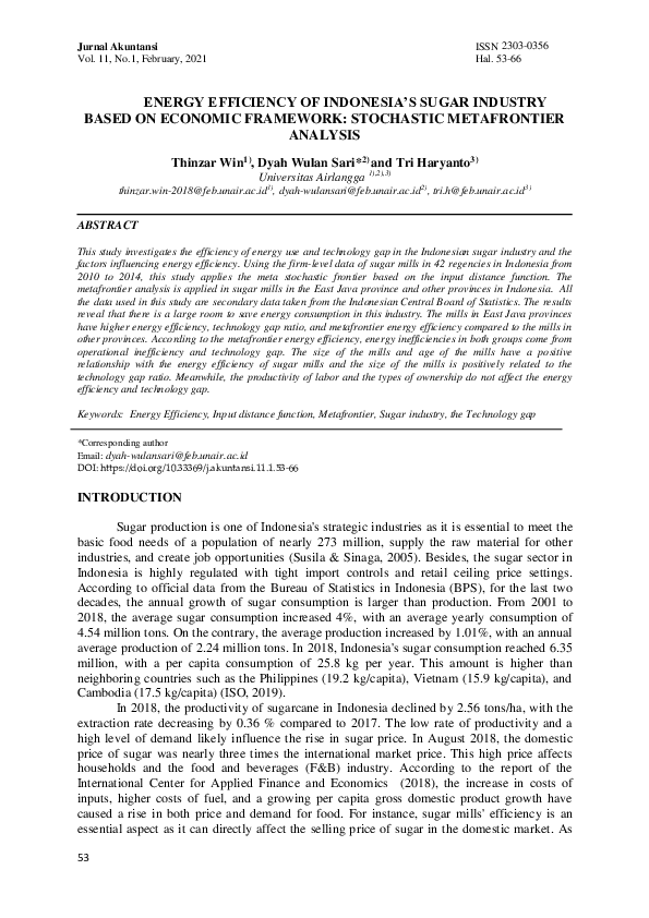 (PDF) Energy Efficiency of Indonesia’s Sugar Industry Based on Economic Framework: Stochastic ...