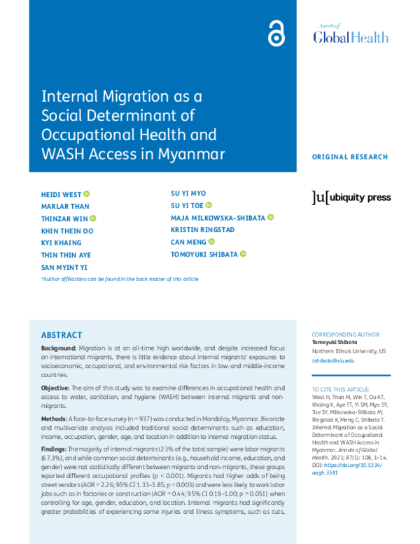(PDF) Internal Migration as a Social Determinant of Occupational Health and WASH Access in Myanmar