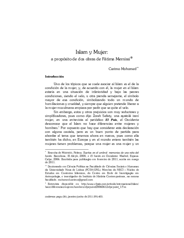 (PDF) Mernissi, Fátima. Sueños en el umbral: memorias de una niña del ...