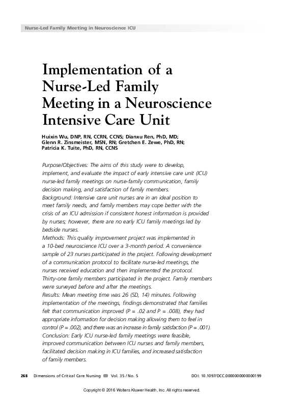 (PDF) Implementation of a Nurse-Led Family Meeting in a Neuroscience ...