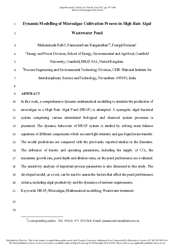 (PDF) Dynamic modelling of microalgae cultivation process in high rate ...