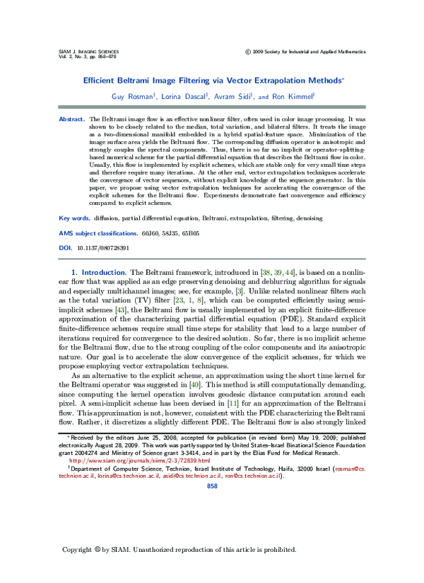 Pdf Efficient Beltrami Image Filtering Via Vector Extrapolation