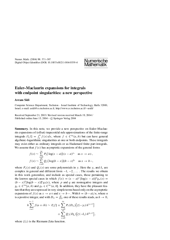 (PDF) Euler–Maclaurin expansions for integrals with endpoint singularities: a new perspective