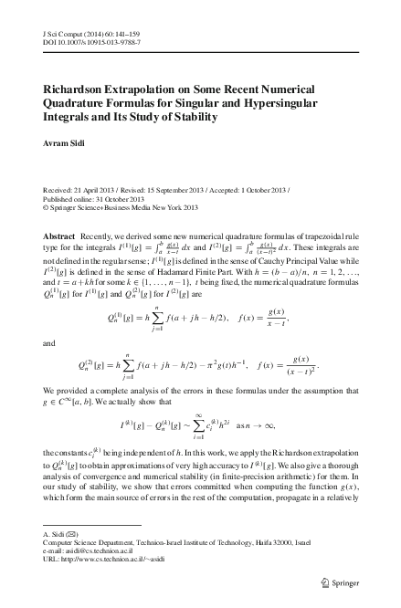 (PDF) Richardson Extrapolation on Some Recent Numerical Quadrature Formulas for Singular and ...